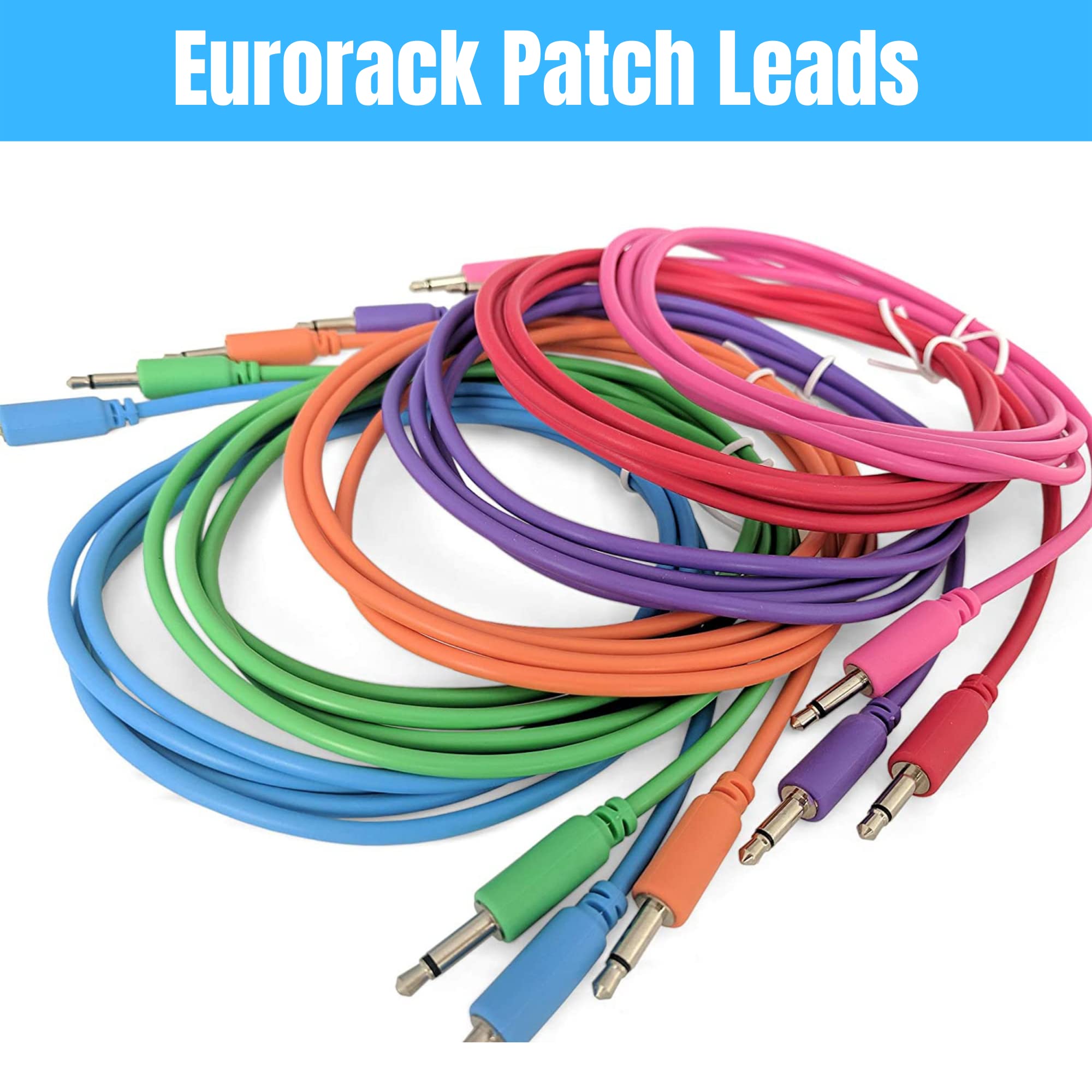 Eurorack Patch Leads. Pack of 6 Multi-Colored 3.5mm Mono Patch Cables (1 Foot)