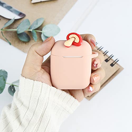 Wonhibo Cute Mushroom Airpod Case, Kawaii Silicone Pastel Pink Cover for Apple Airpods 1st and 2nd Generation with Keychain