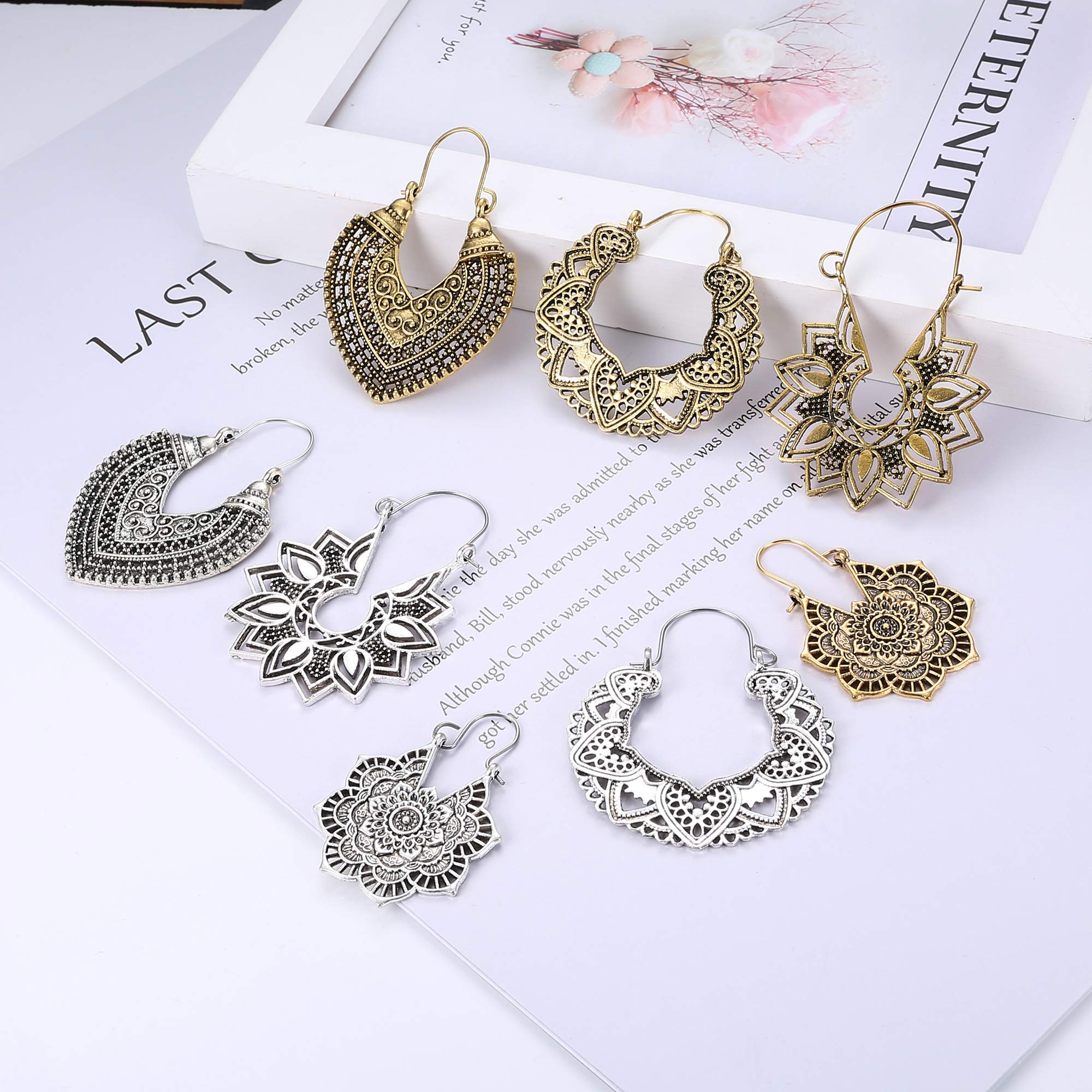 FIBO STEEL 8 Pairs Vintage Mandala Flower Gypsy Drop Dangle Earrings for Women Boho Retro Tribal Hollow Earrings Set