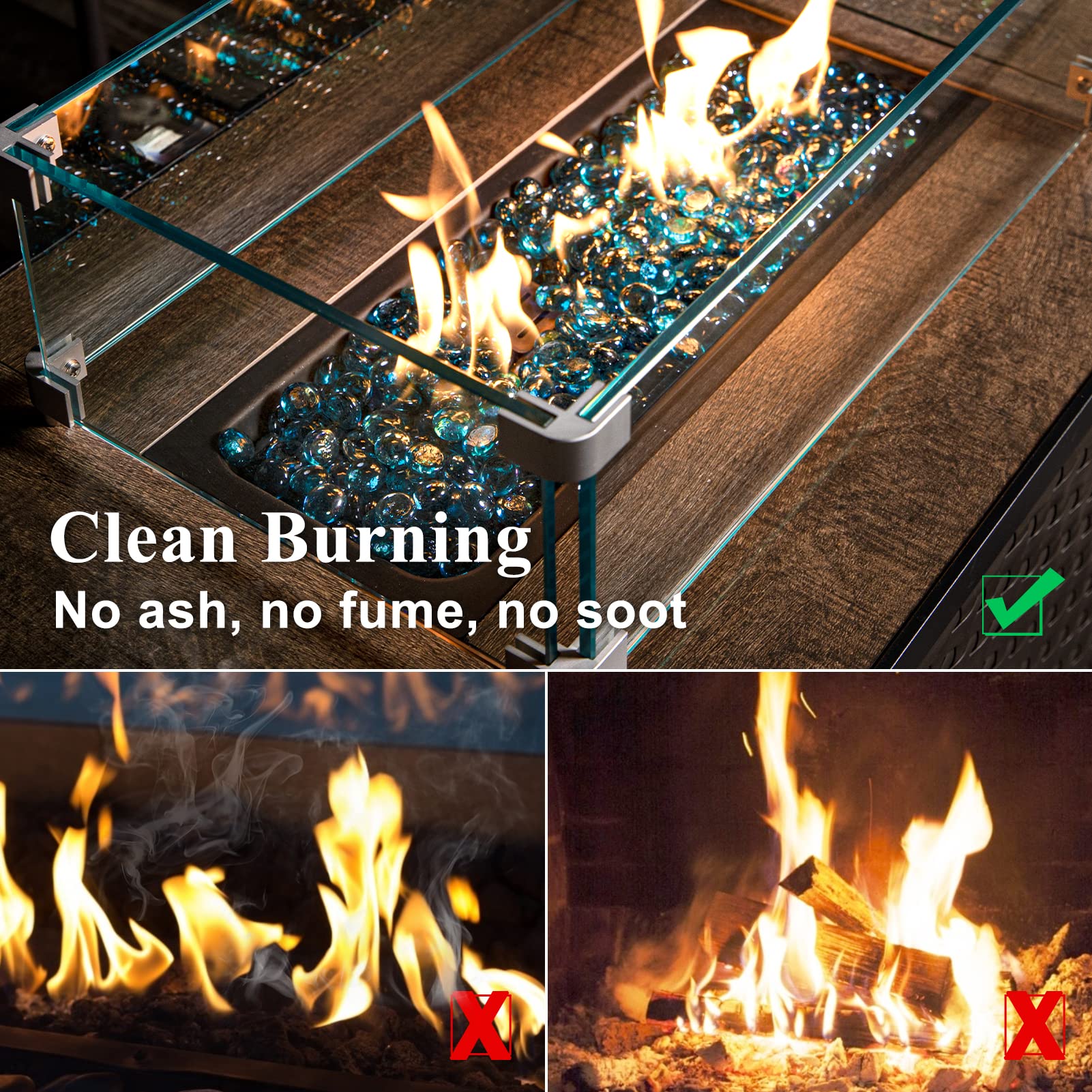 GASPRO 38.5 x 7.5 Inch Glass Wind Guard and 10LB Caribbean Blue Fire Glass Beads for Rectangular Fire Pit Table, with Hard Aluminum Corner Bracket & Rubber Feet, Easy to Assemble