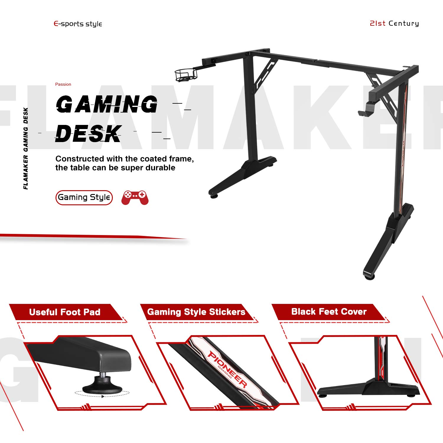 Flamaker Gaming Desk 44 Inch Gaming Table Computer Desk Gamer Table T Shape Game Station with Large Carbon Fiber Surface, Cup Holder & Headphone (Black)