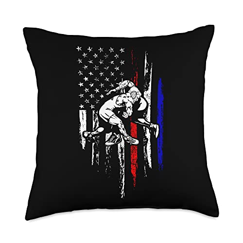 Vintage Flag Apparel For College Wrestling Crew Retro American Flag USA Wrestle Patriotic July 4th Throw Pillow, 18x18, Multicolor