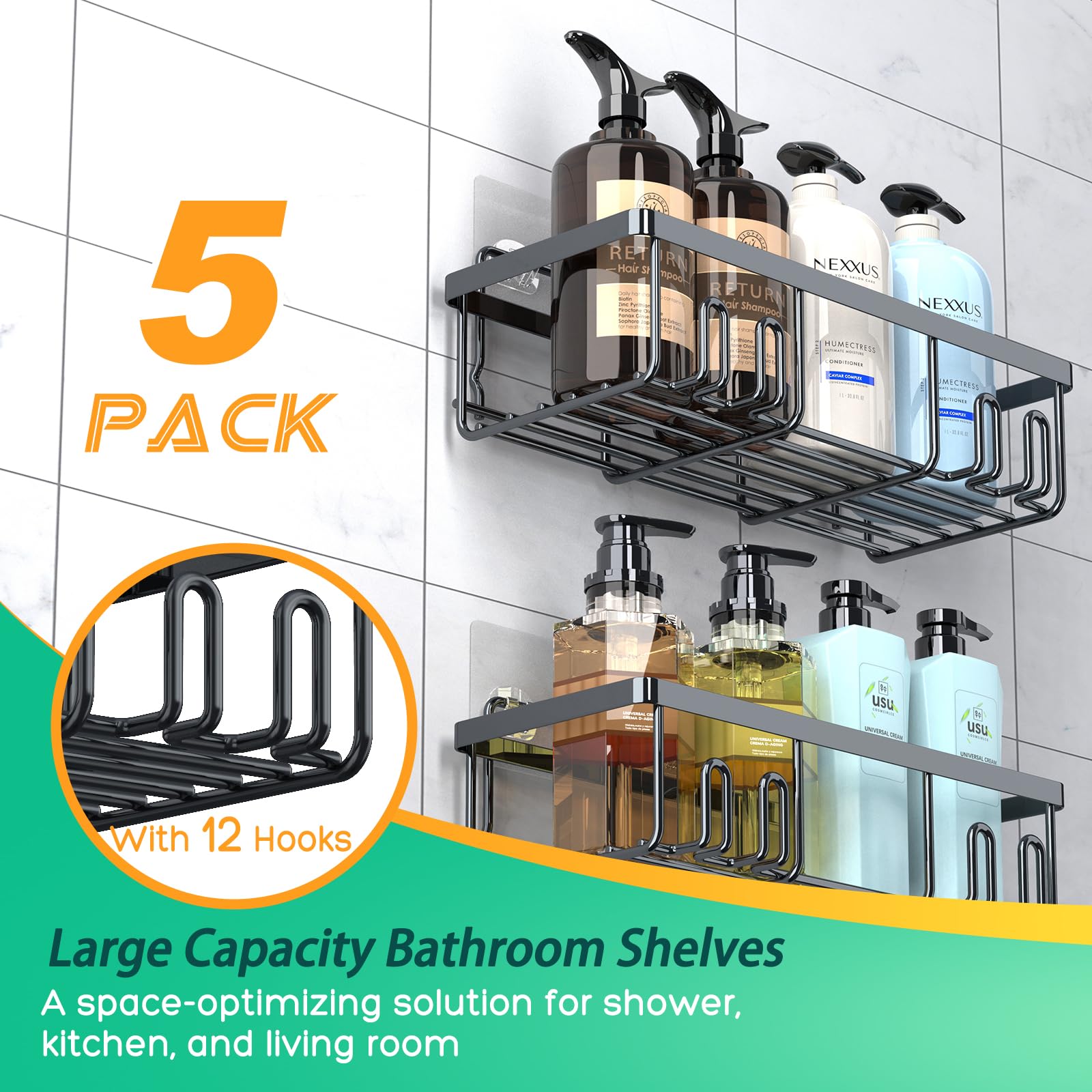 Shower Caddy 5 Pack, Adhesive Shower Organizer for Bathroom & Home & Kitchen, Rustproof Stainless Steel Shower Shelves with Hooks, No Drill, Large Capacity, Bathroom Organizer for Inside Shower