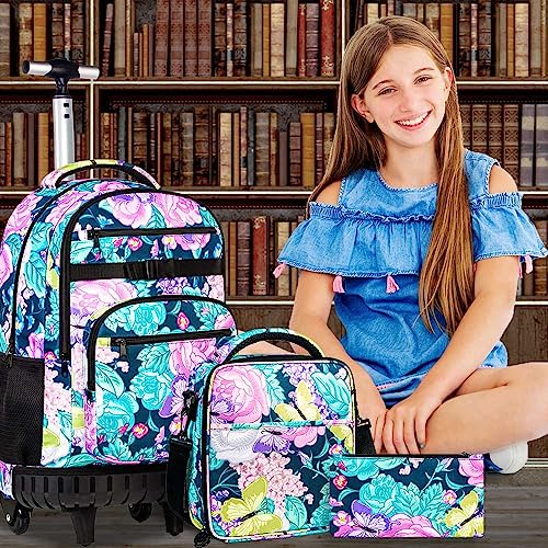Rolling Backpack for Girls, 21 Inch Water Resistant Flowers Butterfly Bookbag with Roller Wheels, Elementary Wheeled Backpacks for Teens Students School Travel