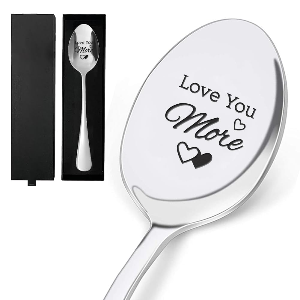 GLOBLELAND 7.6inch "Love You More" Engraved Stainless Steel Spoon with Gift Box Funny Table Dinner Spoon Soup Coffee Spoon for Friends Families Festival Wedding Anniversary