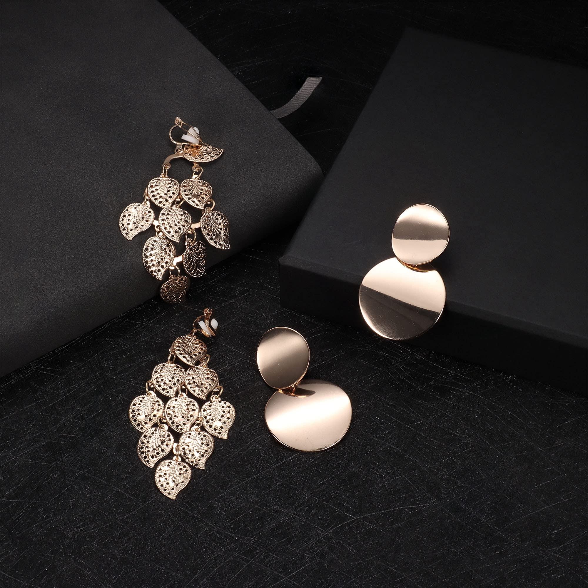 FUNRUN JEWELRY 4-9 Pairs Clip On Drop Earrings Set Leaf Round Trapezoid Square Rectangle Geometric Clipon Earrings-Non Piercing Dangle Earrings