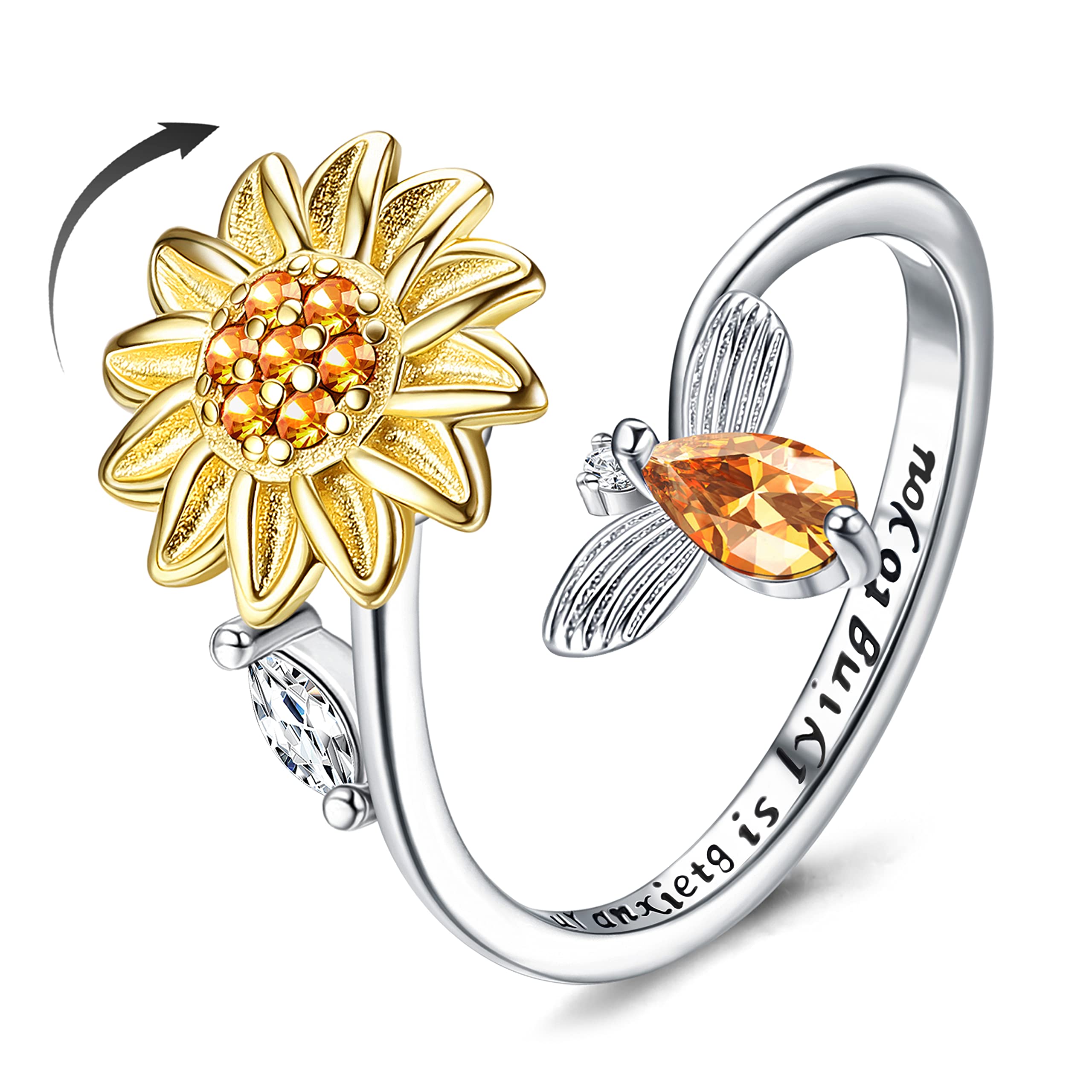 FUNRUN JEWELRY 925 Sterling Silver Flower Fidget Spinner Rings for Women Anxiety Adjustable Bee Daisy Open Ring Relieving Stress Stackable Rings Anti Anxiety Jewelry Gift