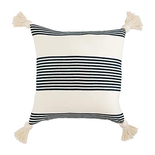 Mud Pie Blue/White Striped Tassel Pillow, 20" x 20", Square