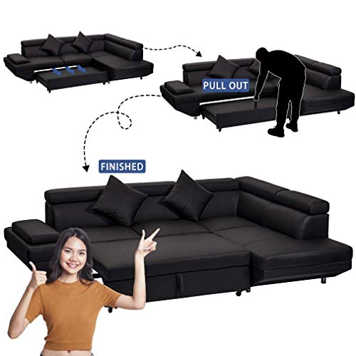 FDW Sofa Sectional futon Sofa Bed Sofa for Living Room Couches and Sleeper Sofa PU Leather Sofa Set Corner Modern Queen 2 Piece Contemporary Upholstered，Black