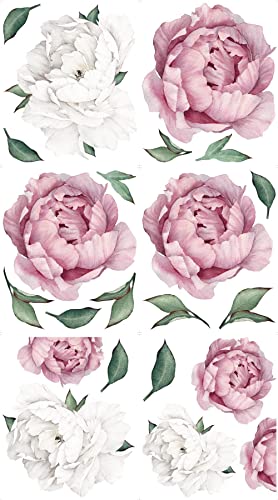Wonder Space Jumbo Peony Watercolor Wall Decals - Large Size Peonies Flowers Leaves Room Wall Stickers - Scandinavian Design Floral (Pink & White)