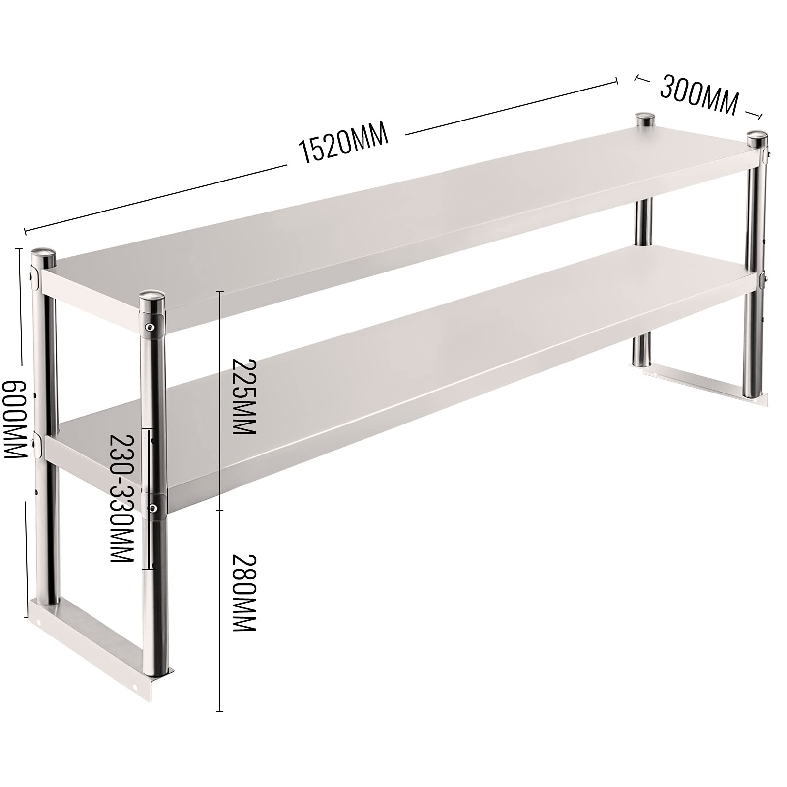VEVOR Double Overshelf, Double Tier Stainless Steel Overshelf, 60 in. Length x 12 in. Width Double Deck Overshelf, Height Adjustable Overshelf for Prep & Work Table in Kitchen, Restaurant and Workshop