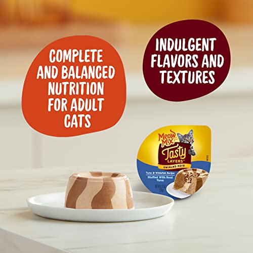 Meow Mix Tasty Layers Swirled Paté Cat Food, Tuna & Whitefish Recipe in Sauce Stuffed With Real Tuna, 2.75 oz. Cup, 12ct