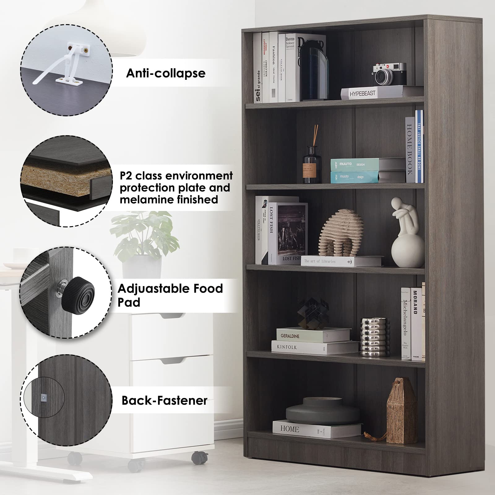 Wood Bookcase 5-Shelf Freestanding Display Wooden Bookshelf for Home Office School (11.6" D*33" W*59.8" H,Grey)