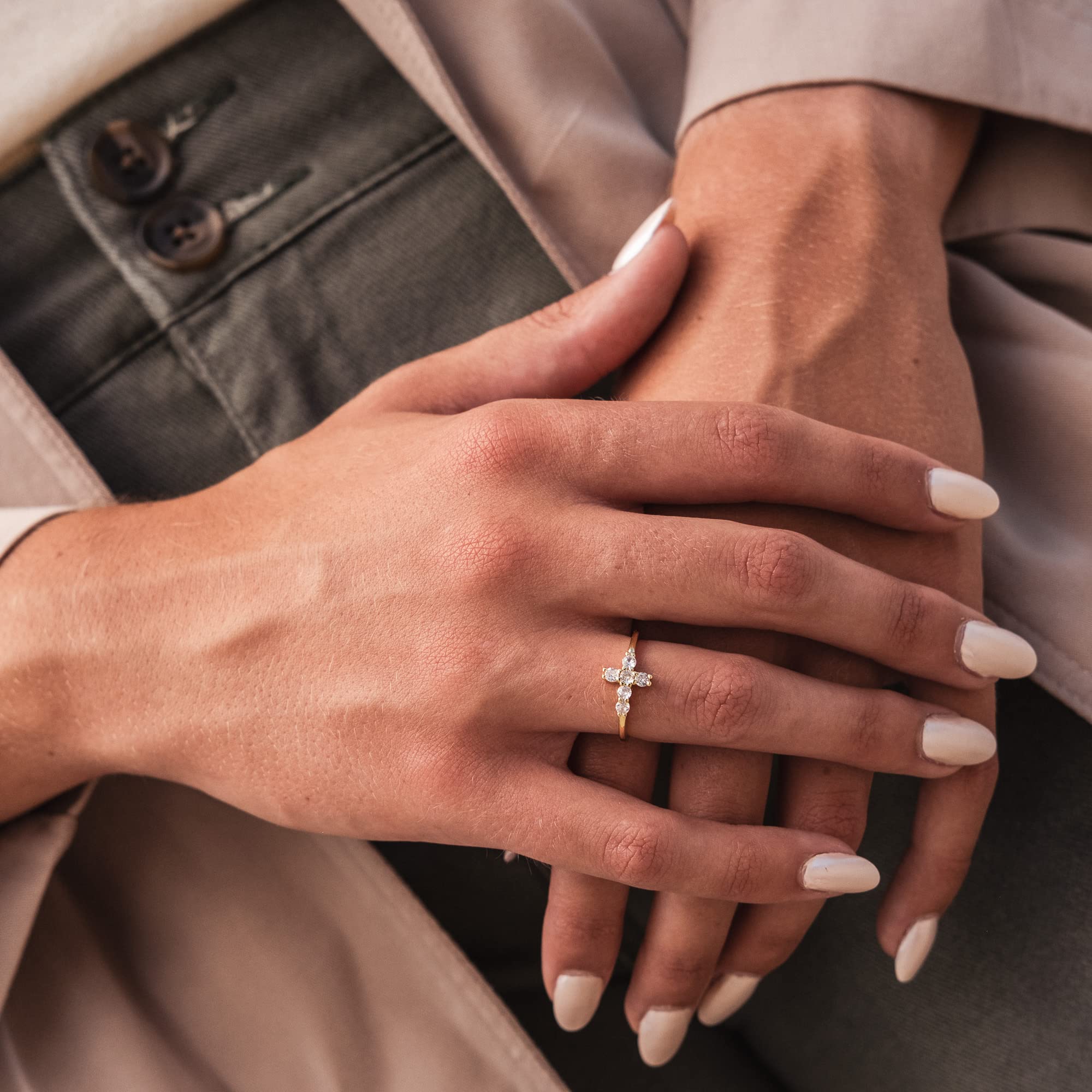 Forever Fervent Sideways Cross Pave Ring | 18K Gold | Petite CZ Christian Band | Religious Polished Finish Set | Size 7