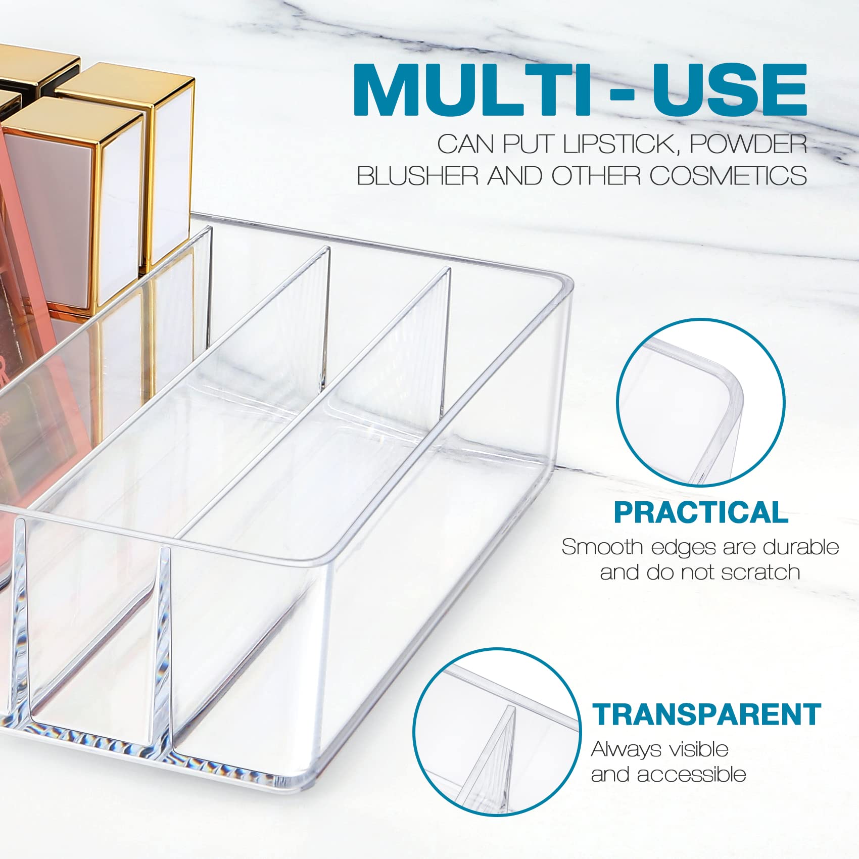 Make Up Organizers and Storage for Vanity, 7 Sections Divided Clear Plastic Cosmetics organizer for Drawer and Bathroom