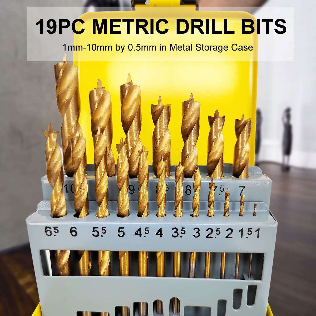 Hymnorq Brad Point Wood Drill Bits 19PC Set, Metric Size 1mm-10mm by 0.5mm in Metal Case, Titanium Coated High-Speed Steel, Perfect for DIY Woodworking Carving Engraving Drilling
