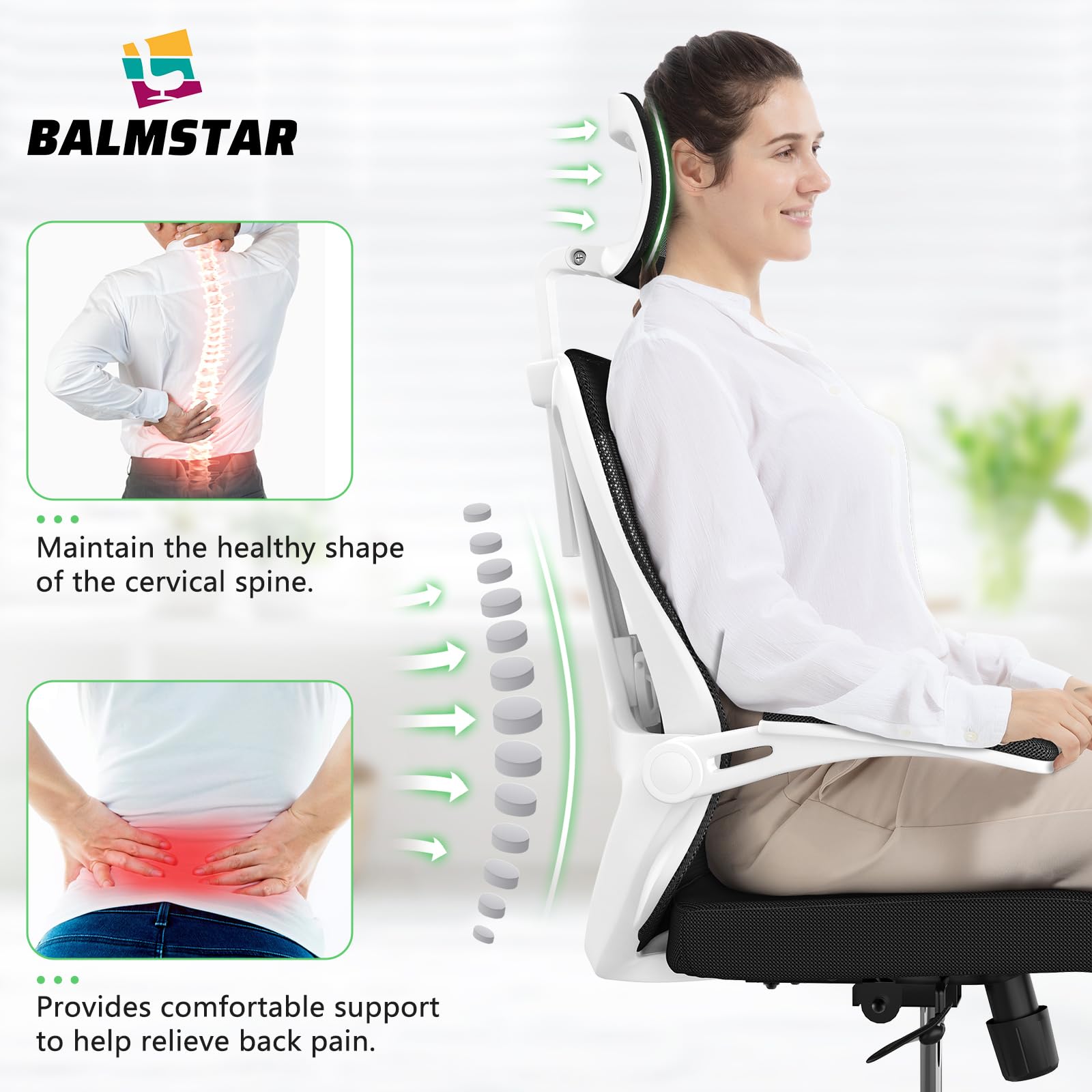 Ergonomic Office Chair, Home Office Desk Chair with Adjustable Headrest & Lumbar Support, Swivel High Back Computer Chair, Breathable Mesh Chair, PU Silent Wheels, Flip-Up Arms (Onyx Black)