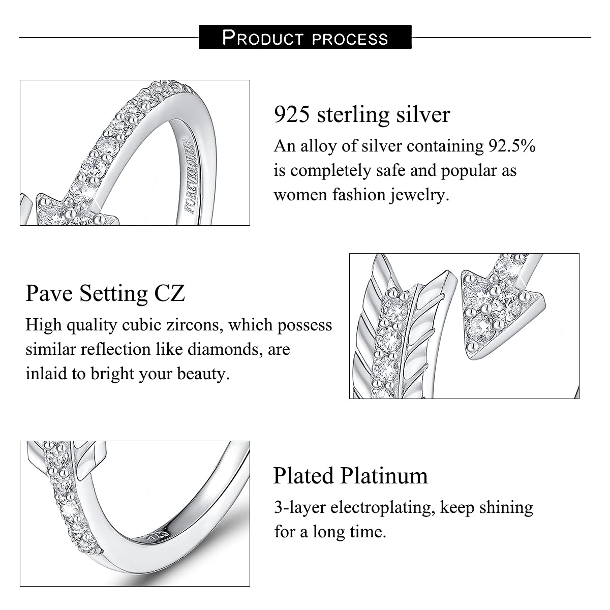FOREVER QUEEN Arrow Rings 925 Sterling Silver Adjustable Finger Ring for Women