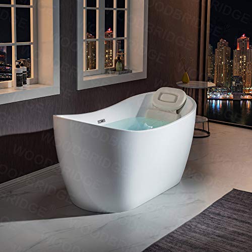 WOODBRIDGE 59" Acrylic Freestanding Bathtub Contemporary Soaking White Tub with Chrome Overflow and Drain,B0016 -C-Drain &O