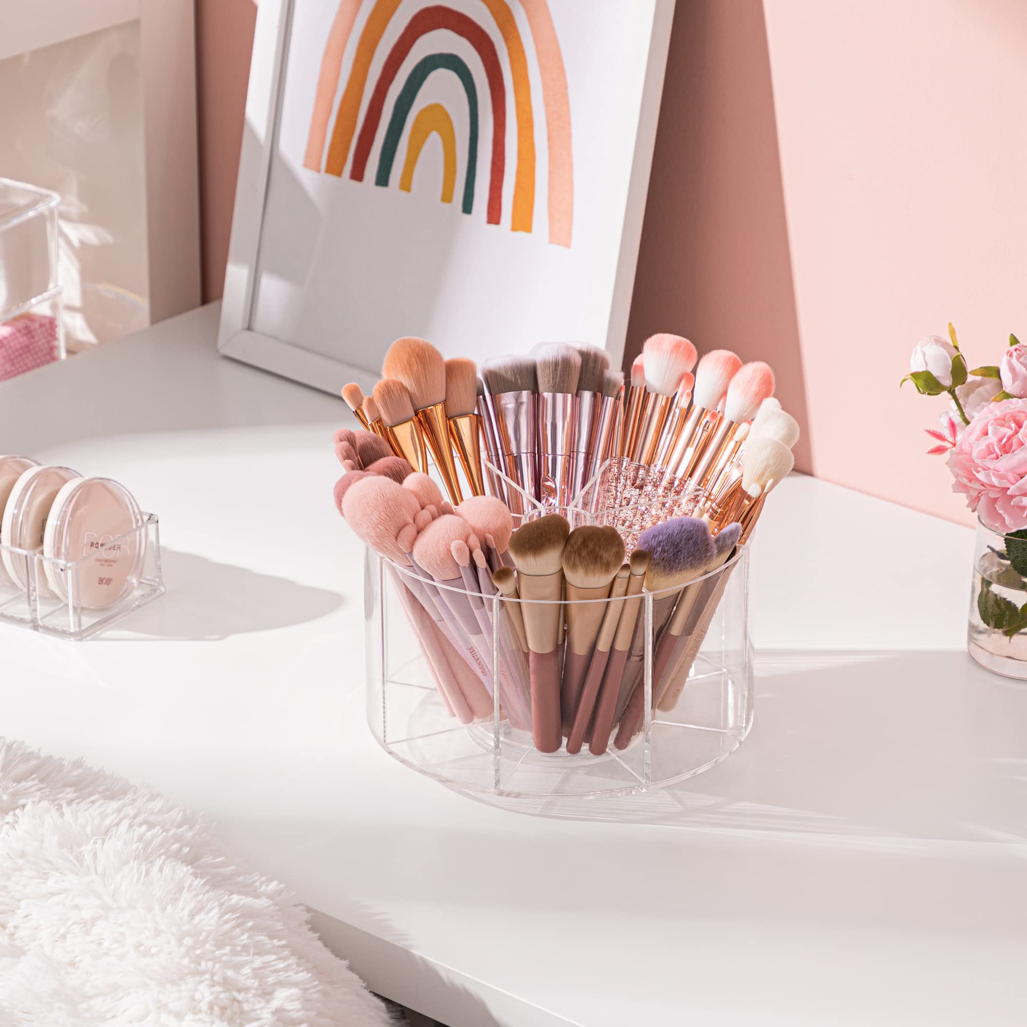 HBlife Clear 360 Rotating Makeup Brush Holder Organizer, 8.26 x 8.26 x 4.48 Inches Acrylic Makeup Organizer with 8 Compartments