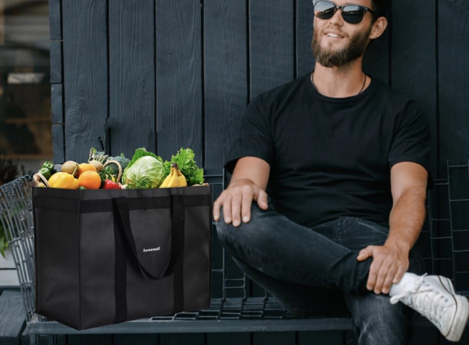 Homemell Heavy Duty Reusable Grocery Bags, Extra Large Collapsible Tote Holds 100 LBS, Extra-Strength Premium Material (Black, 6-Pack)
