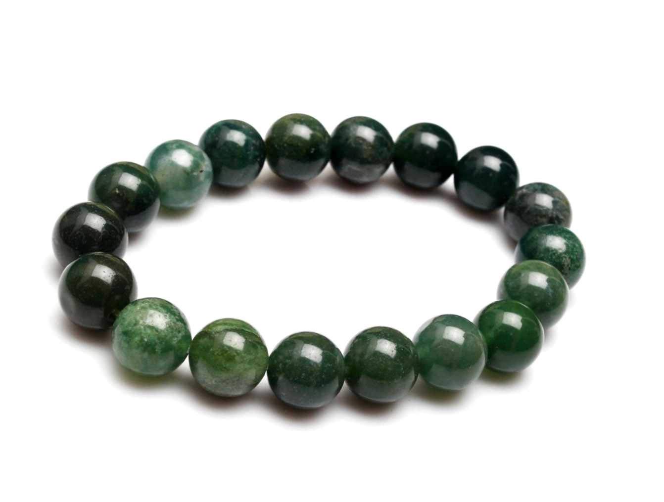 Energized Natural 108 Moss Agate Mala Beads Necklace, 8 mm bracelet, Dark Green Moss Agate, Mala Bead, Stretch Bracelet, Heart Chakra, Hand knotted Wrap Mala (Moss Agate Bracelet)
