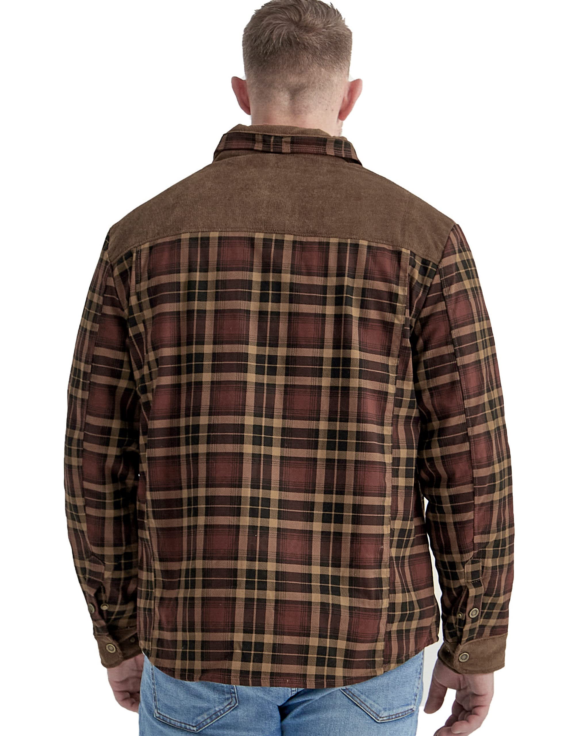 Flygo Men's Outdoor Casual Vintage Buck Fleece Sherpa Lined Flannel Camp Plaid Shirt Jacket(Coffee-M)