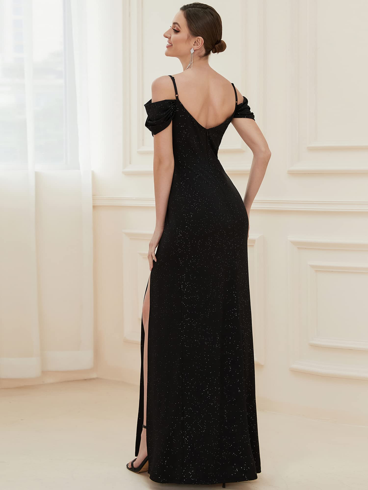 Ever-Pretty Women's Long Glitter A-line Off Shoulder Wedding Party Dress for Women Black US14