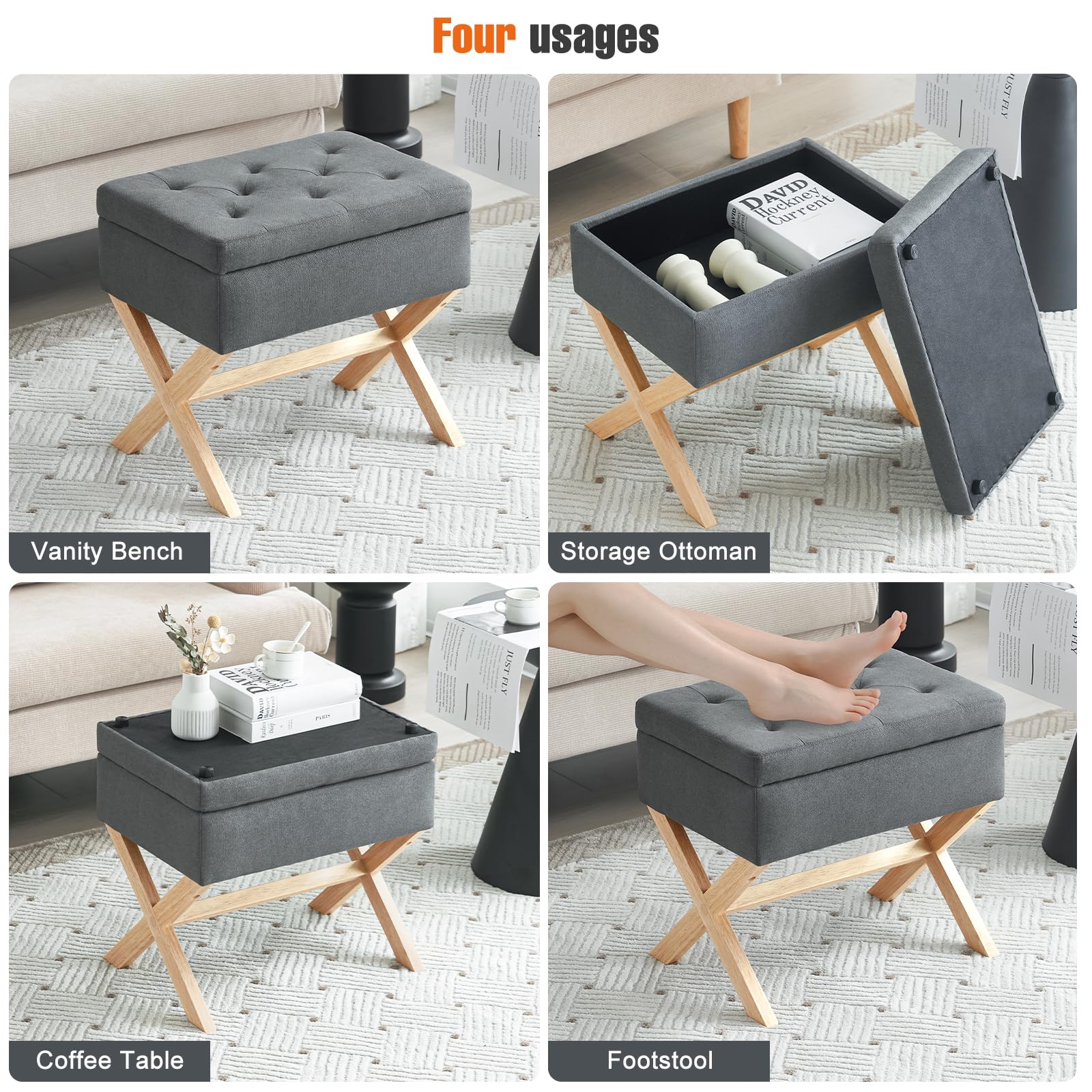 Furniliving Linen Storage Ottoman Square Ottoman Button-Tufted Foot Stool with Wooden X Legs, Modern Footrest Rectangle Vanity Stool, Makeup Stool for Living Room, Bedroom (Grey)