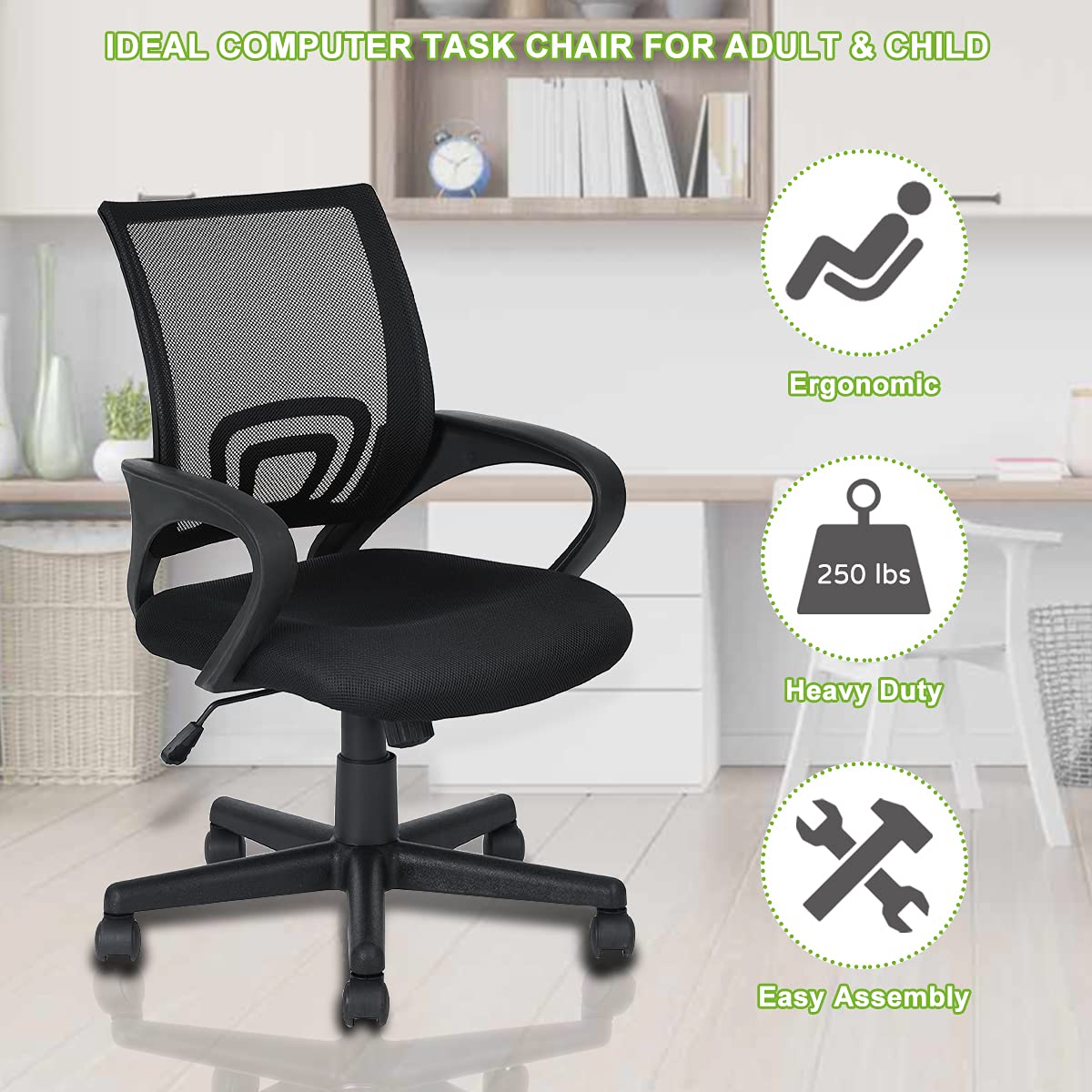 Geniqua Ergonomic Mid Back Support Mesh Computer Task Chair Adjustable Height Rolling Swivel for Work, Home Office, Black