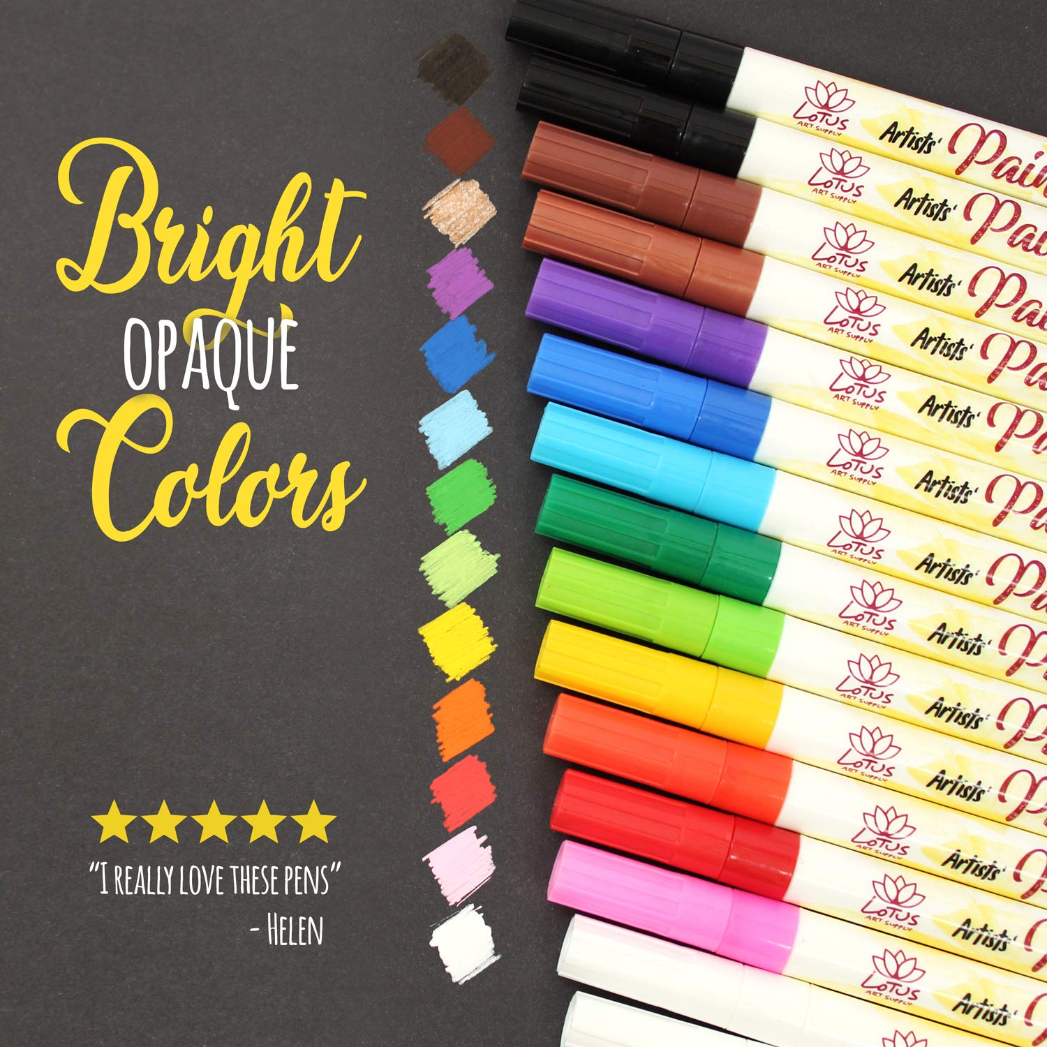 Fine Point Acrylic Paint Pens by Lotus Art Supply - Professional Set with Extra Black, White Markers - for any Surface (Rocks, Leather, Mug, Crafts, Coloring Fabric, Ceramic Mugs, Journal, Canvases)