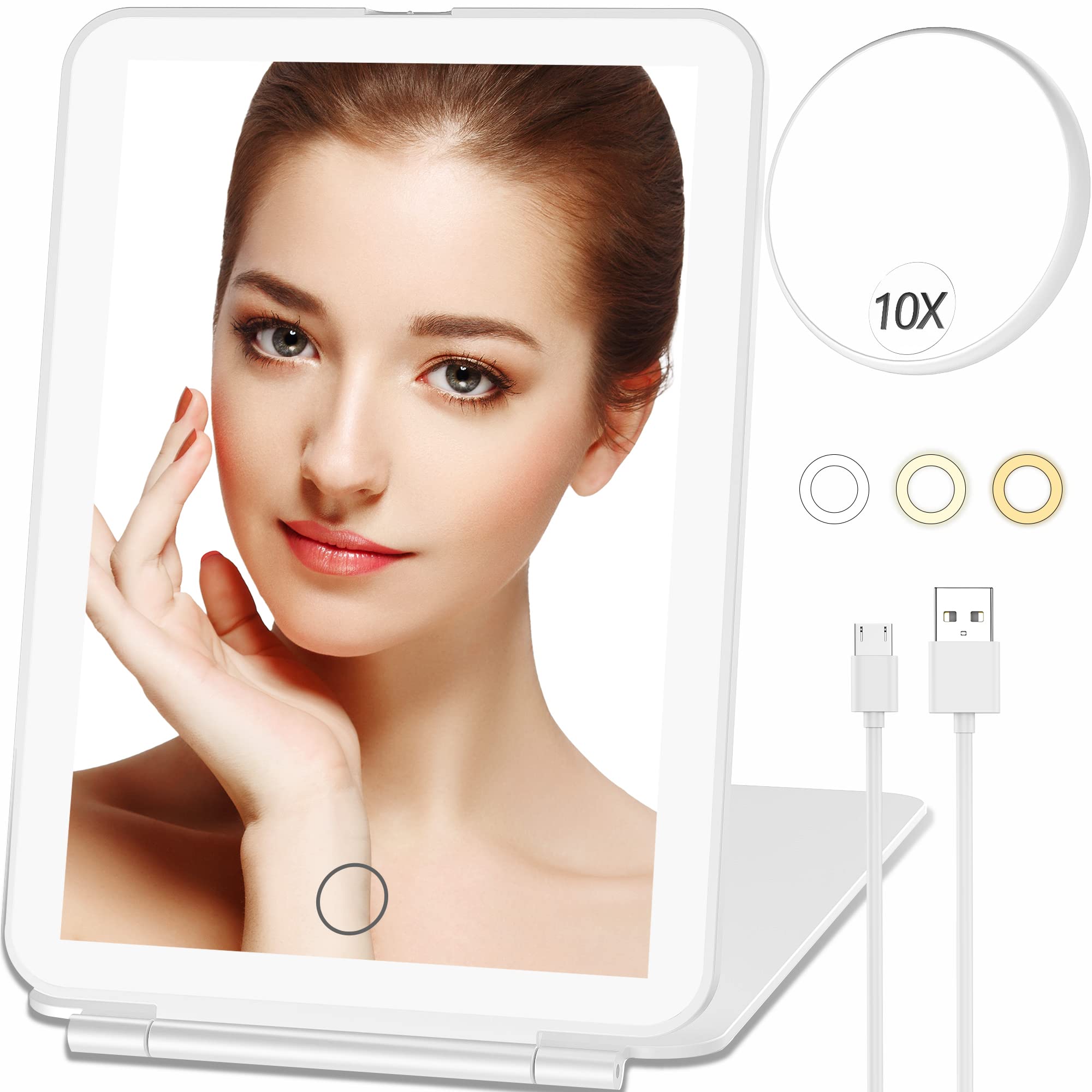 Makeup Mirror with 10X Magnifying Mirror, Vanity Mirror with 80 LED Lights, Rechargeable 2500mAh Batteries, Travel LED Mirror with 3 Color Lights, Compact Light Up Mirror, Travel Essentials for Women