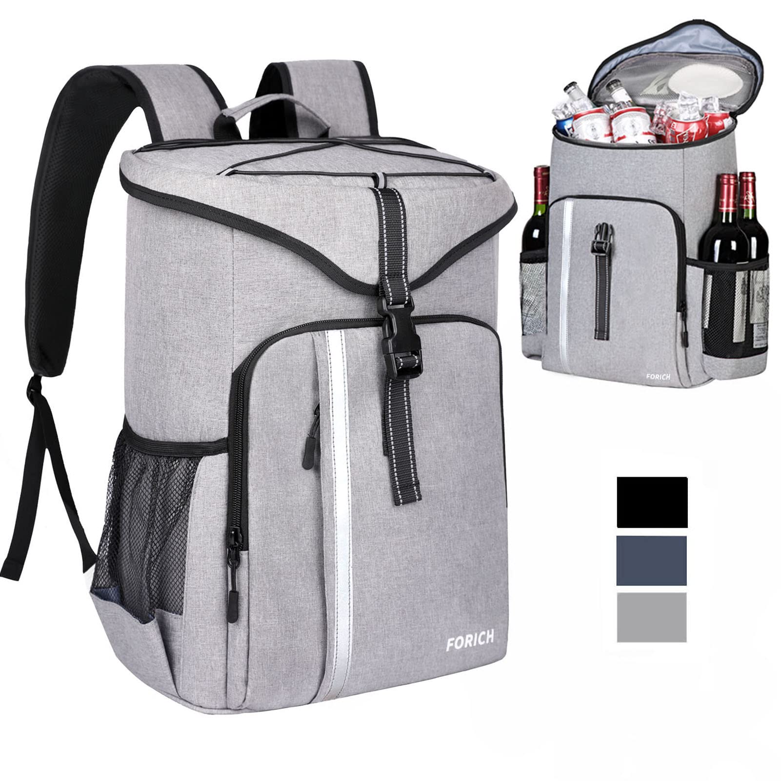 FORICH Backpack Cooler Leakproof Insulated Waterproof Backpack Cooler Bag, Lightweight Soft Beach Cooler Backpack for Men Women to Work Lunch Picnics Camping Hiking, 30 Cans (New - Grey)