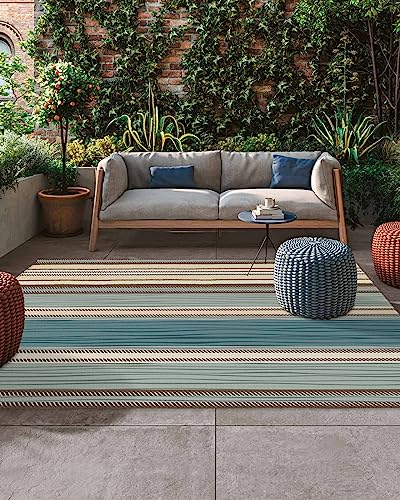 MUENINELE Outdoor Rugs, Bohemian Stripe Boho Vintage Farmhouse Style Teal Brown Beige Absorption Non-Slip Backing Area Rugs and Floor Mats for Yard, Garden, Porch, Indoor, 4x6 ft