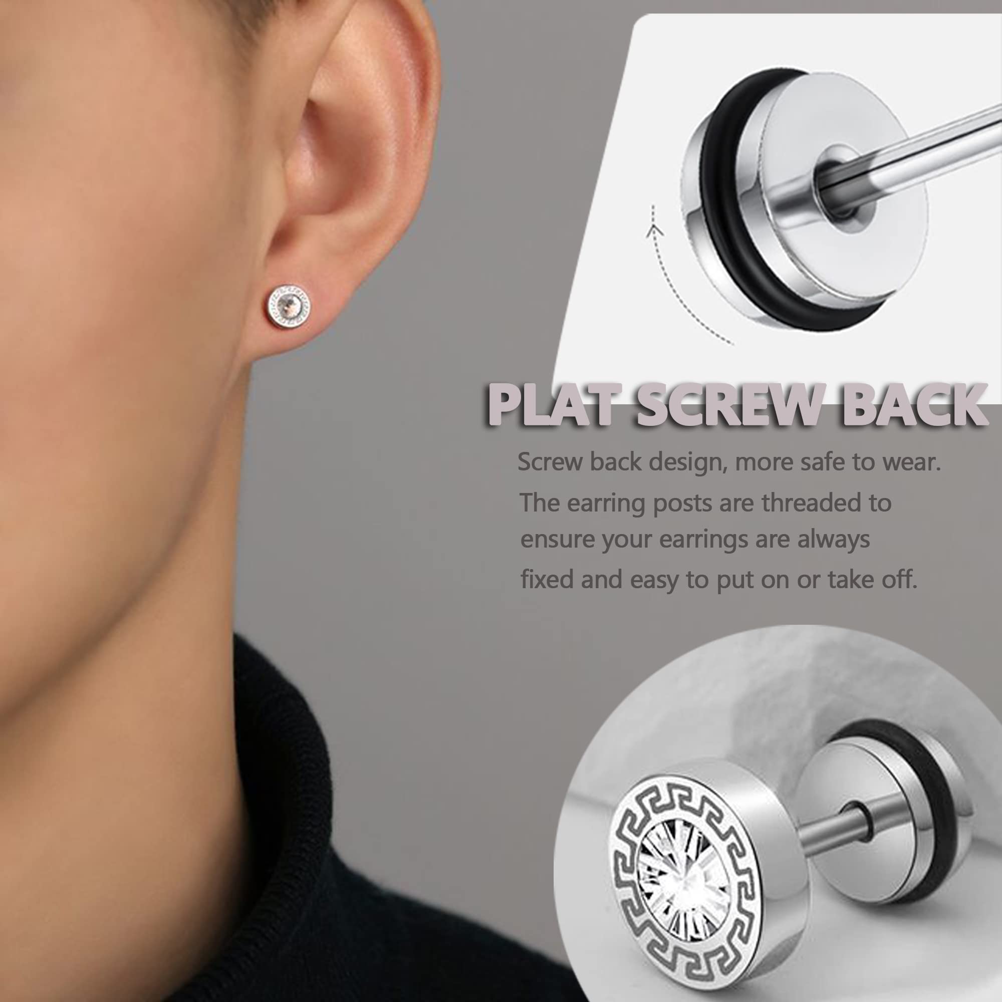 GIFIKOI Stainless Steel Fake Gauge Stud Earrings for Men Back Earring Set Faux Ear Tunnel
