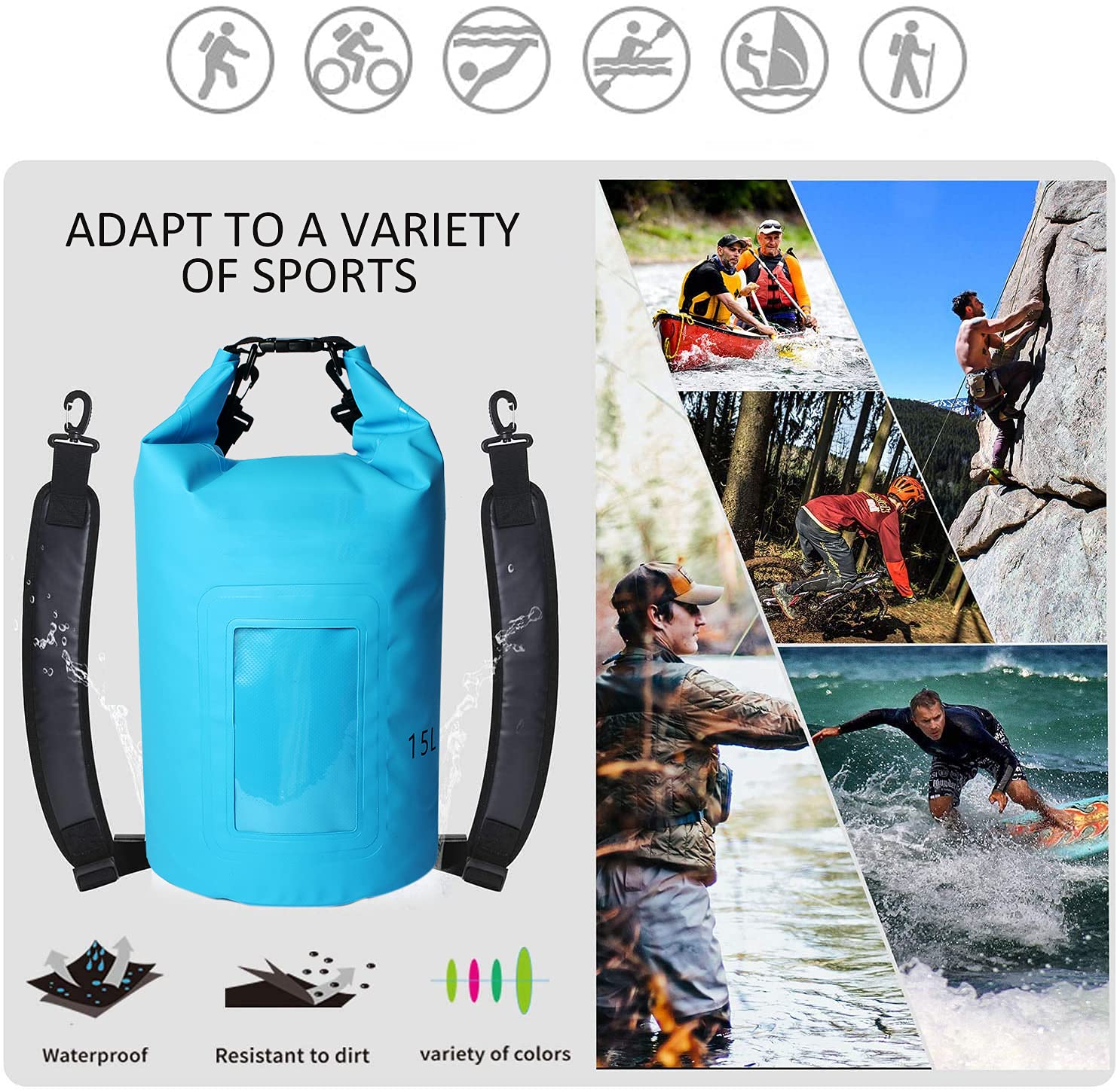 Floating Waterproof Dry Bag 15L/20L/30L, Roll Top Lightweight Storage Bag Backpack, Keeps Gear Dry for Kayaking,Perfect for Rafting, Boating, Swimming, Beach,Camping, Hiking (Sky Blue, 30L)