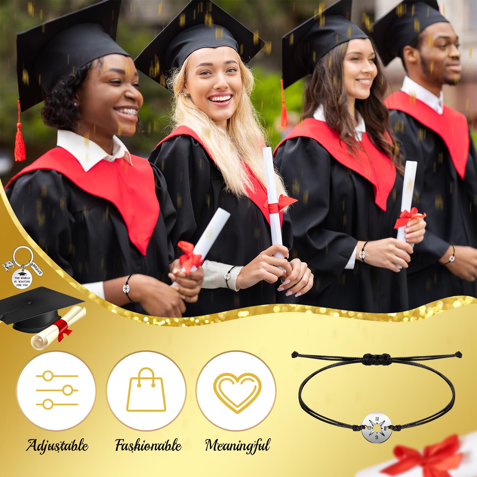Junkin 20 Pack Graduation Bracelet Gift for Her Him Graduation Keychain Class of 2024 Student Compass Bracelet College School