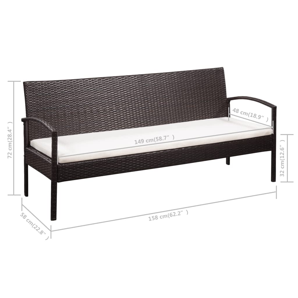 vidaXL Brown Poly Rattan 3-Seater Patio Sofa with Cushions - Weather-Resistant, Comfortable, and Versatile Outdoor Furniture for Garden, Patio, or Backyard