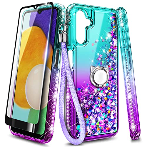 NZND Compatible with Samsung Galaxy A14 5G Case with Tempered Glass Screen Protector (Maximum Coverage), Ring Holder/Wrist Strap, Glitter Liquid Floating Waterfall Durable Cute Case (Aqua/Purple)