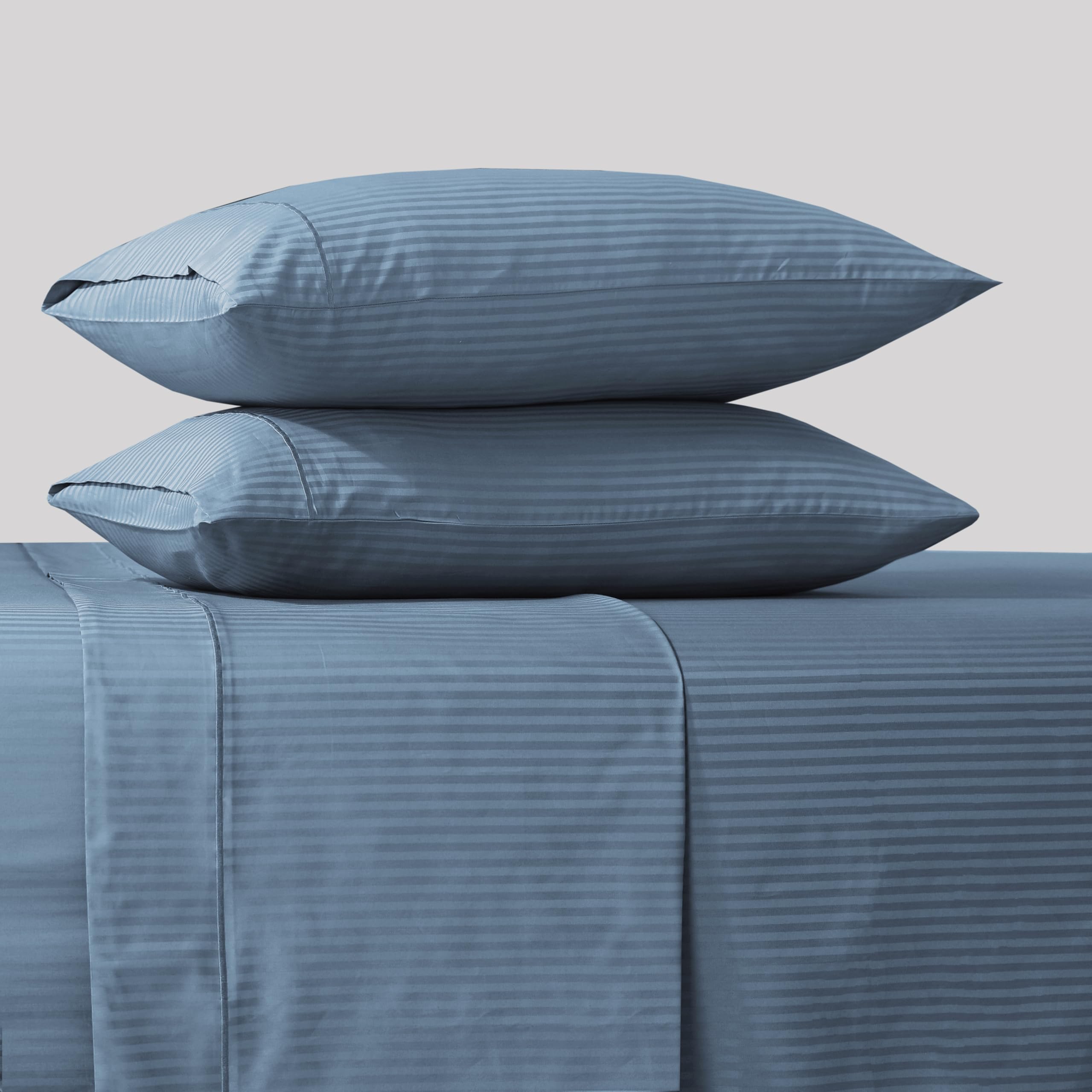 Feather & Stitch 500 TC King Size Damask Bed Sheet Set, 100% Soft Cotton Breathable Bedsheets, 18" Deep Pockets Sateen Weave Striped Bedding Mattress Resort Hotel Luxury Décor - (Blue, King)