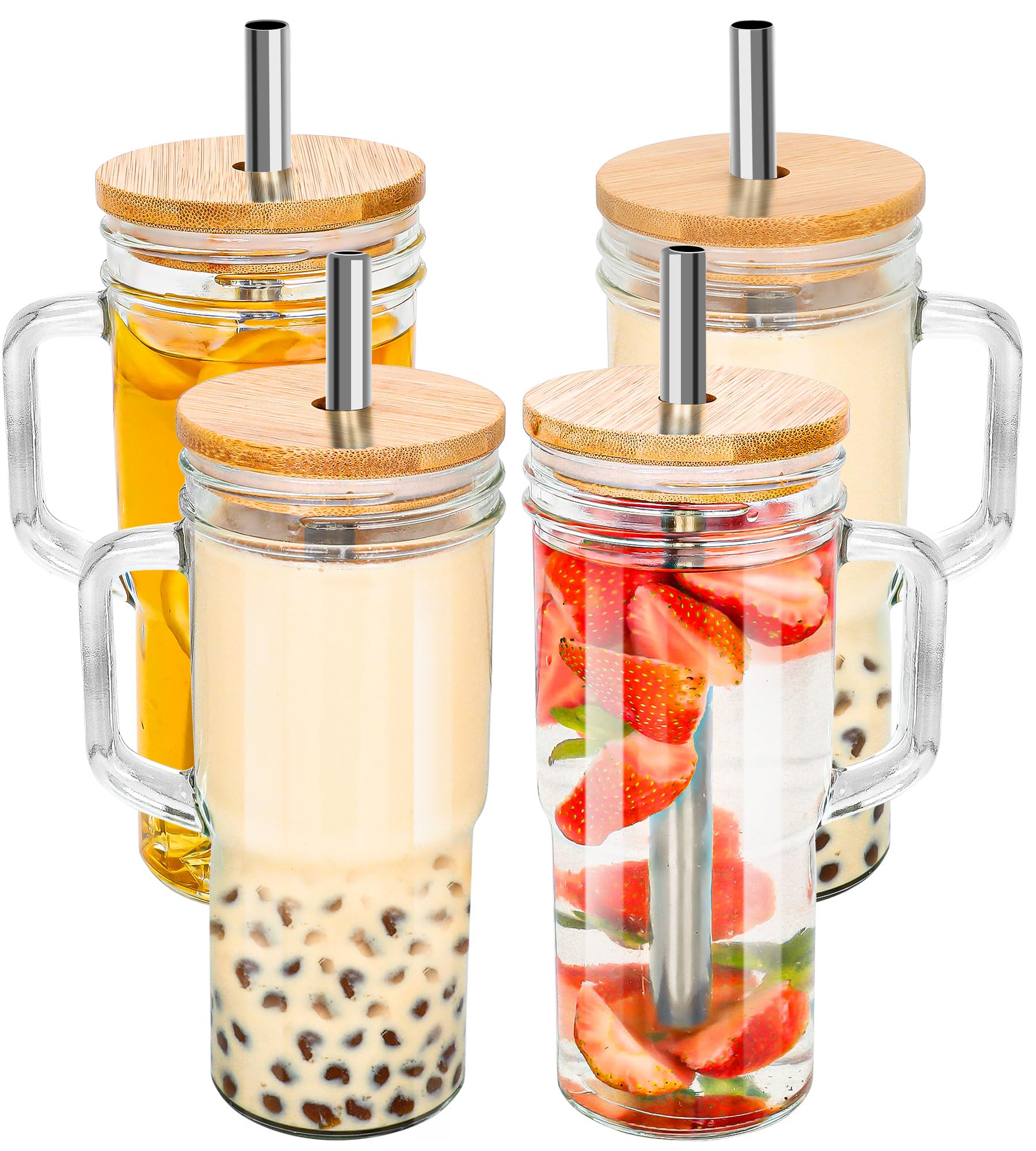 Ensccant 4Pack Glass Tumbler Cups with handle, 22oz Reusable Iced Coffee Cup with Bamboo Lid and Straw - Mason Jar Drinking Glasses for Cocktail, Beer, Smoothie Boba Tea, Juice - Non-slip Cup