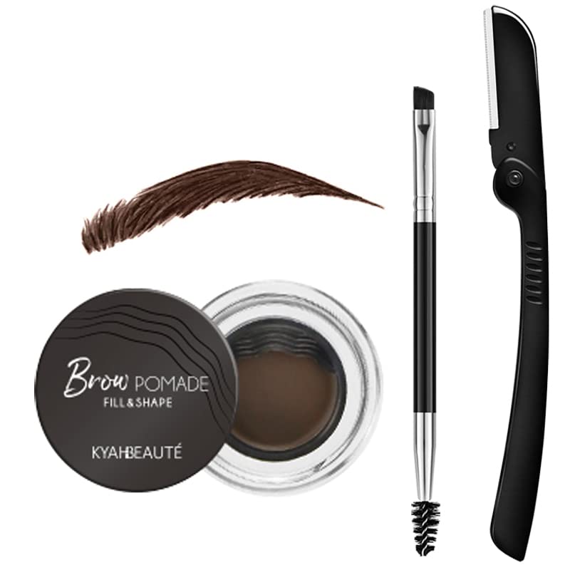 Fill and Frame Eyebrow Pomade Kit, Long Lasting and Waterproof Eyebrow Gel Makeup Set with Dual-ended Brush and Brow Trimmer, Tinted Eyebrow Cream for Delicate and Smooth Brow, 5g/0.17oz (Ebony)