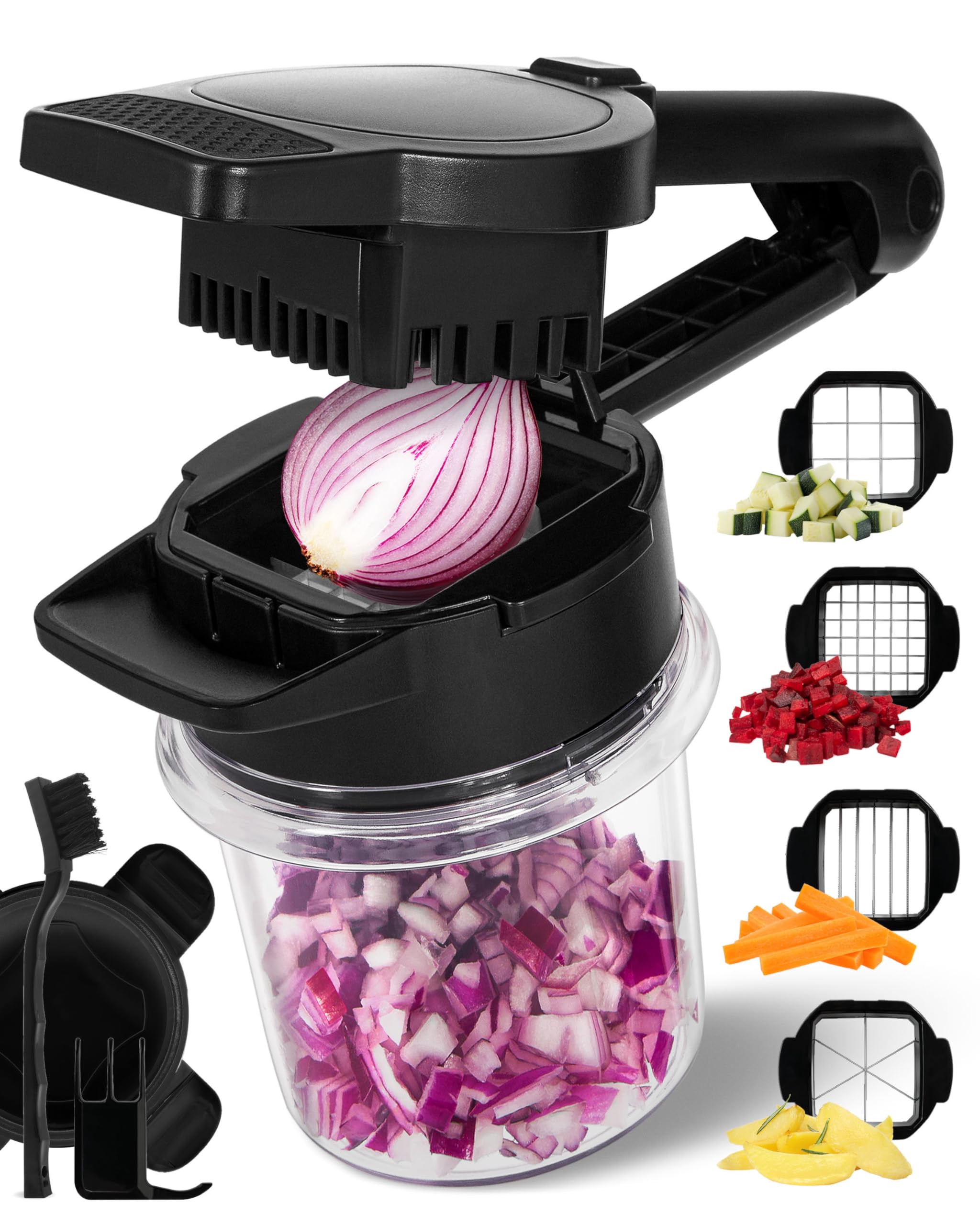 Handy Chopper - Hand Held Veggie, Fruit, & Food Chopper with 4 Blades, Container, & Lid - Manual Vegetable Slicer, Dicer, Cutter for Onion, Salad & More - Dishwasher Safe Onion chopper Kitchen Gadget