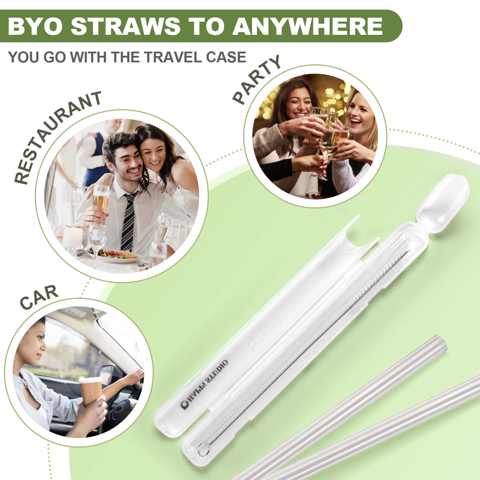 HAPPi STUDIO 8-Pack Glass Straws with Travel Case - 8"x10mm Reusable Straws with 2 Cleaning Brushes - Clear Glass Straws Shatter Resistant - Glass straws Drinking Reusable Smoothie Straw, Coffee Straw
