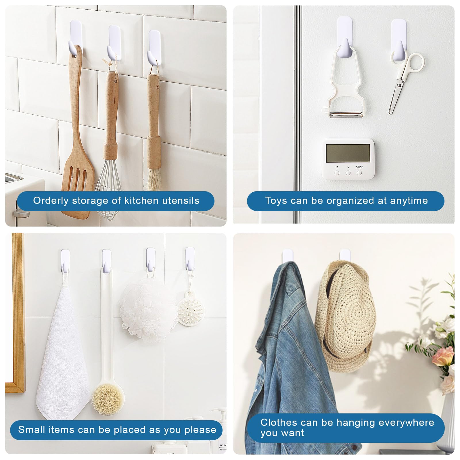 Gluest 20pcs Adhesive Wall Hooks with 20 Adhesive Strips, Wall Hooks for Wall No Damage, Removable Wall Hooks for Hanging, Coat Hooks, Key Hooks & Key Holder, Robe Towel Hooks Hanger