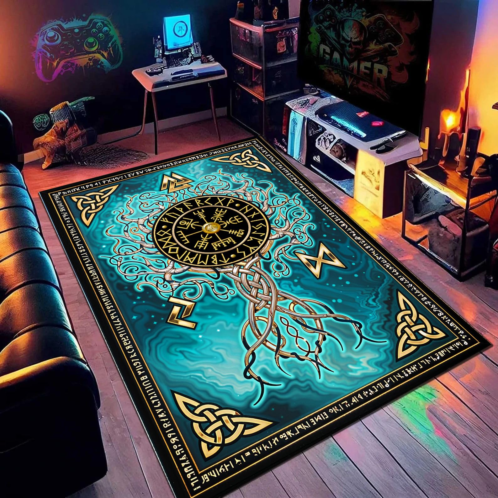 Owingus Design Viking Rug for Living Room, Tree of Life Norse Decor Vikings Area Rugs, Viking Magic Symbol Norse Culture Rug Non-Slip Floor Mat, Indoor Outdoor Carpet Home Decor Full Sizes 06