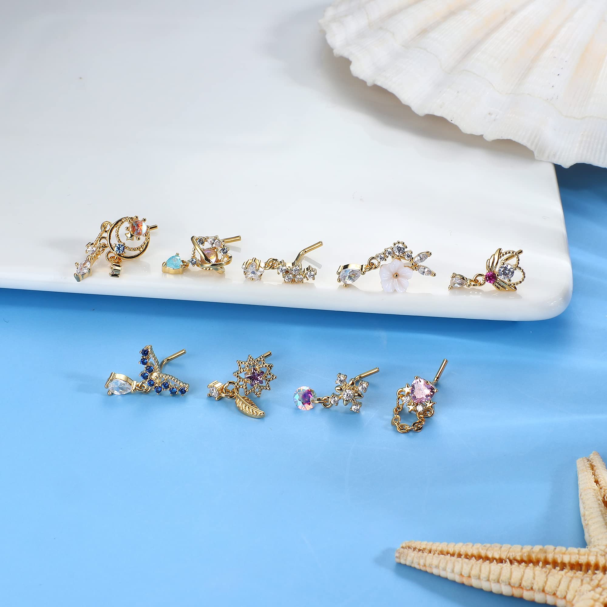 Florideco 9Pcs 20G Dangle Nose Rings Studs for Women Dangle Nose Ring Studs Stainless Steel L Shaped Nose Studs Heart Blue Planet CZ Dangling Nose Piercing Jewelry Gold