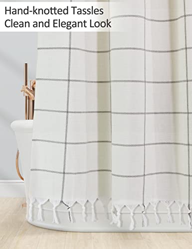 SUMGAR Cotton Shower Curtain Boho Farmhouse Shower Curtains for Bathroom with Tassels & Hooks, White Fabric Grey Checkered Bohemian Fringe Shower Curtain Set, 72" x 72"