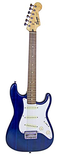 Fender Squier 24-Inch Short Scale Strat Pack - Transparent Blue Bundle with Frontman 10G Amplifier, Instrument Cable, Strap, Picks, Online Lessons, and Austin Bazaar Instructional DVD