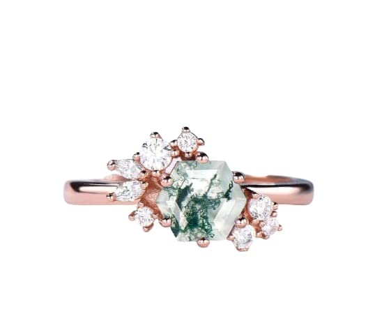 Hexagon cut moss agate ring vintage green moss agate engagement ring rose gold unique cluster engagement ring diamond wedding ring for women (WHITE GOLD, 6)